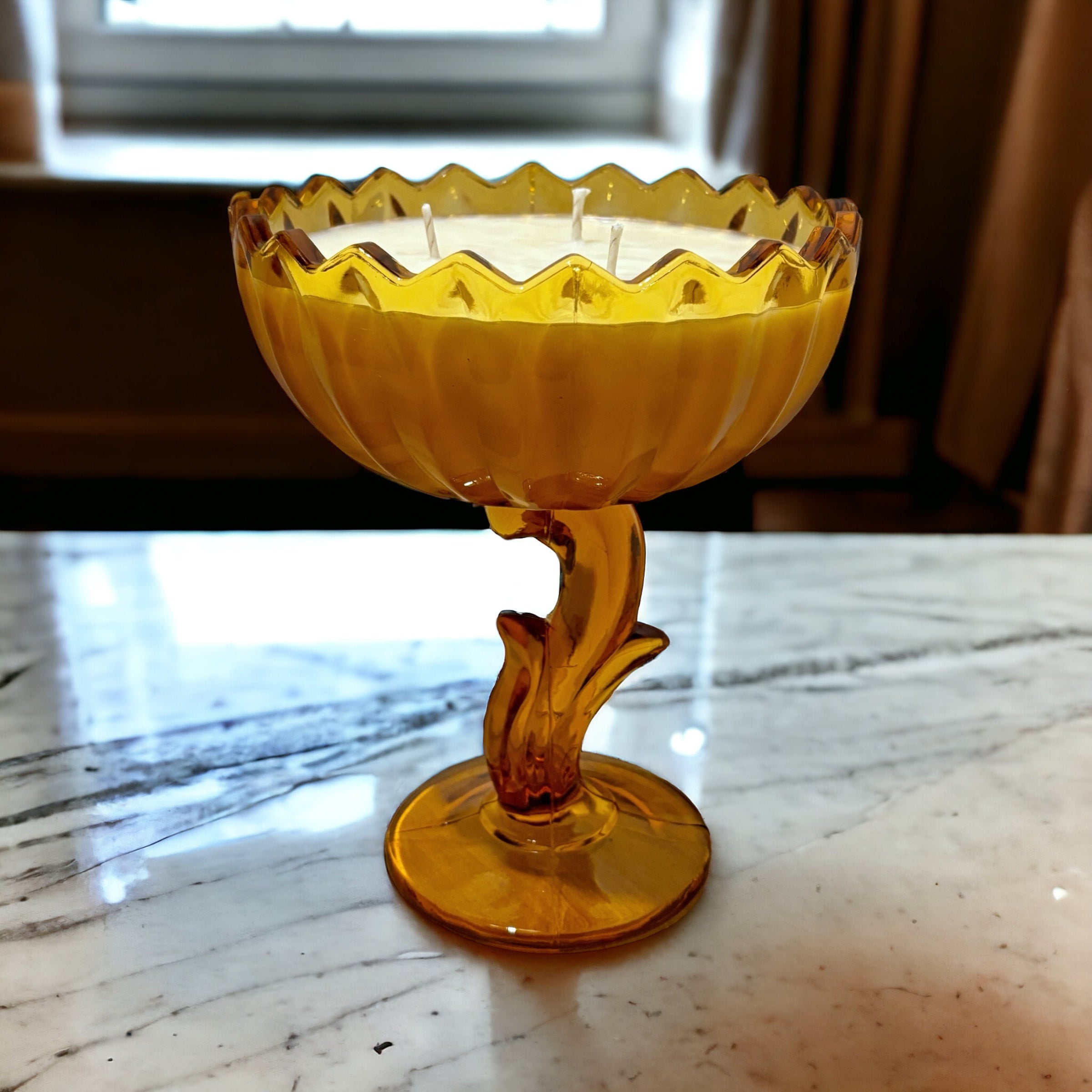 1960's Indiana Glass Amber Lotus Flower Compote | Modest Midwest Wax Co.