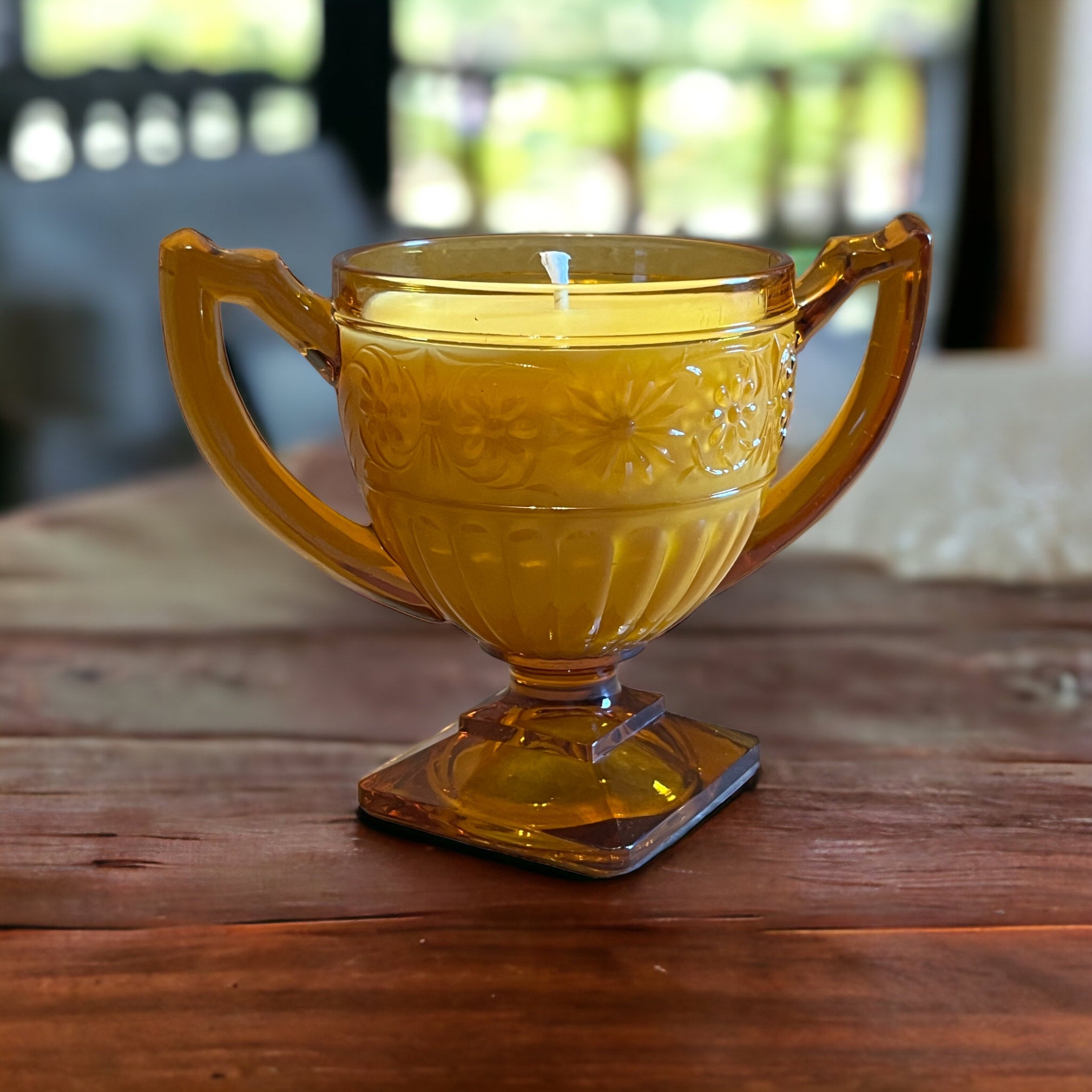 1940’s Indiana Glass Amber Daisy Open Sugar Bowl | Modest Midwest Wax Co.