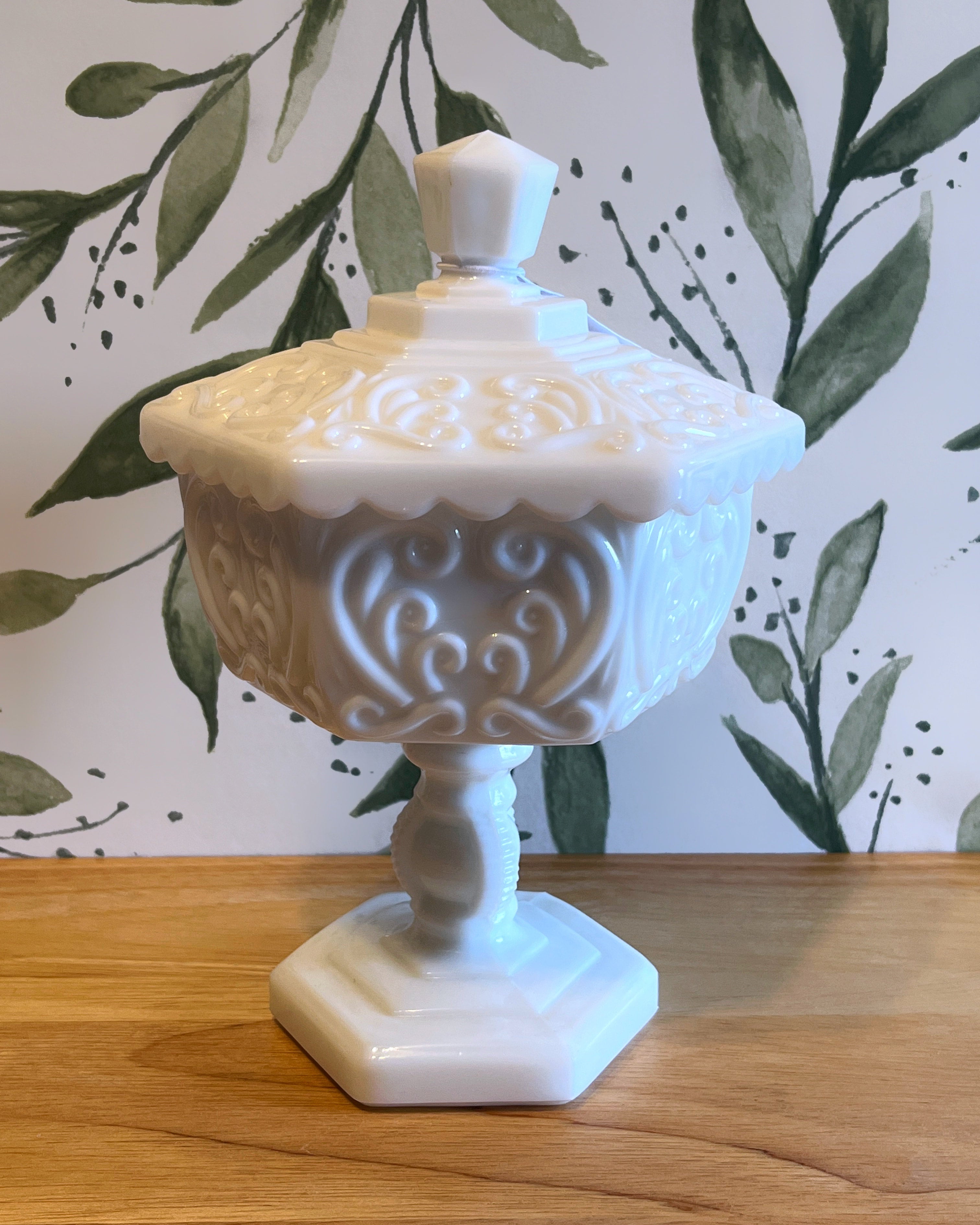 1960's Imperial Glass Atterbury Scroll Pattern Milk Glass Wedding Cake ...