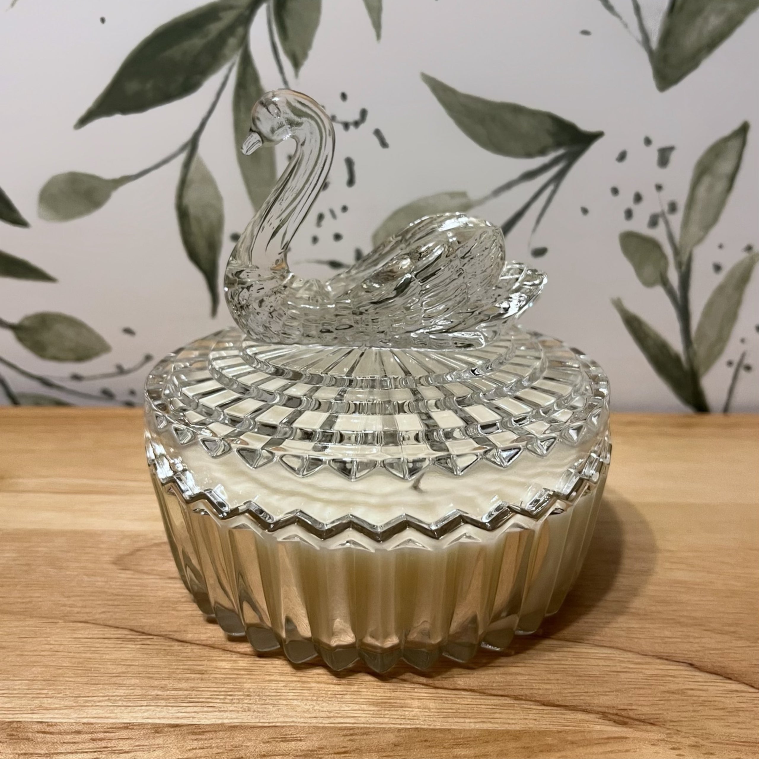 1950’s Jeannette Glass clear swan powder dish | Modest Midwest Wax Co