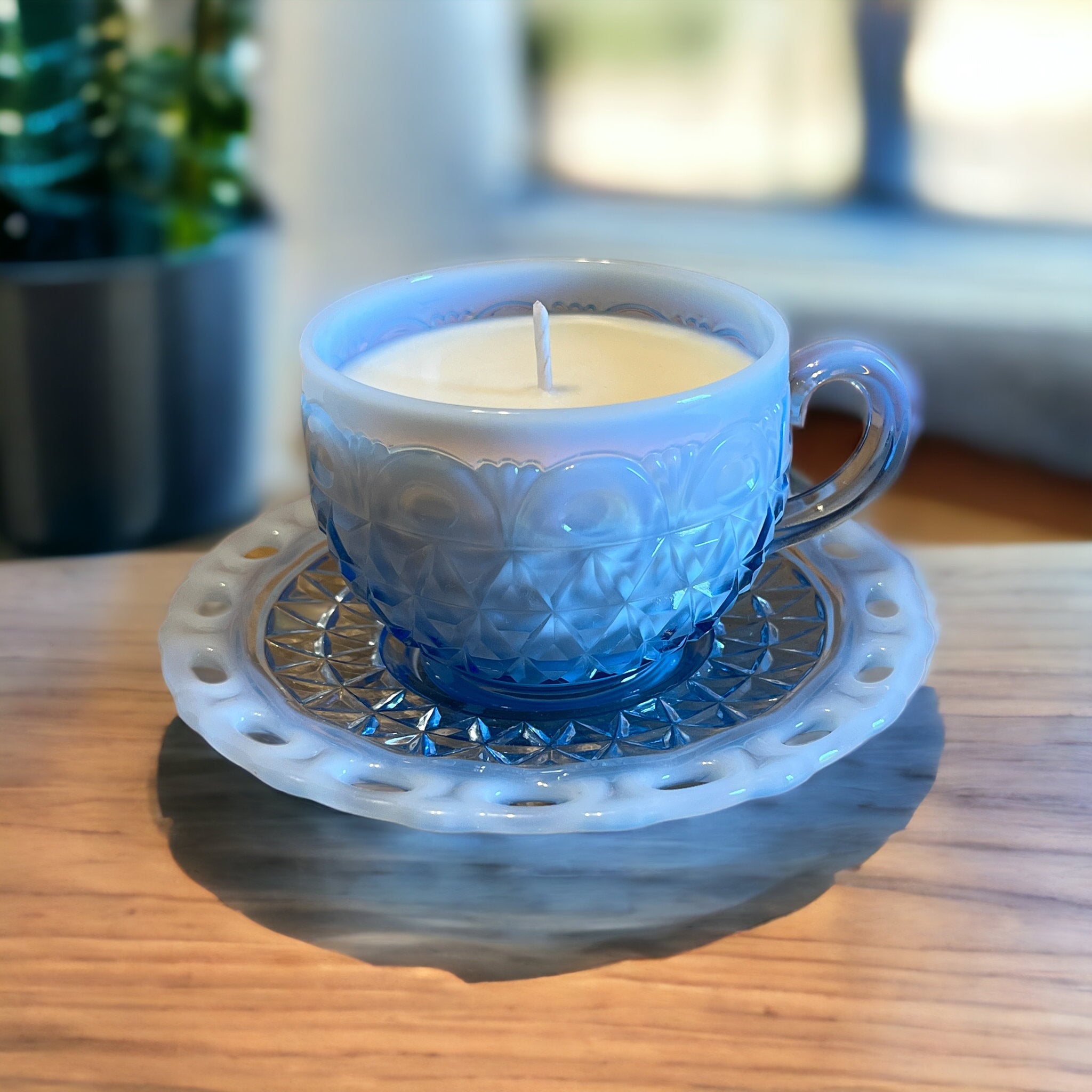 1930's Imperial Glass Katy Blue Opalescent Tea Cup & Saucer | Modest ...